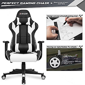 Furniwell Gaming Chair PU Leather Office Chair High Back Computer Chair Desk Chair Adjustable Swivel Racing Executive Leather Ergonomic Task Chair with Headrest and Lumbar Support (White)
