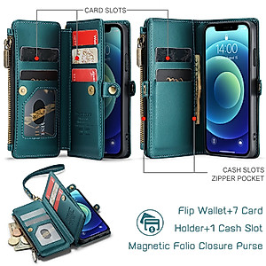 Defencase for iPhone 12/12 Pro Case, RFID Blocking for iPhone 12 Wallet Case for Women with Card Holder, Zipper Magnetic Flip PU Leather Strap Protective Cover for iPhone 12/Pro Phone Case, Blue Green