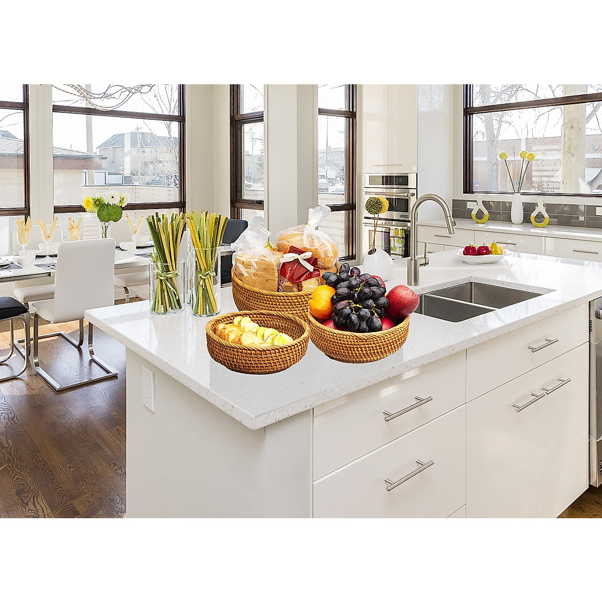 VNTRUEPRO Rattan Basket Bread Baskets For Serving Wicker Fruit Basket, Round Basket Rattan Baskets For Storage Fruit Baskets For Kitchen Counter Baskets For Serving Food Bamboo Basket (Size LMS, 3Pcs)