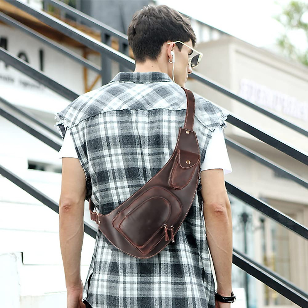 Leathario Men Leather Chest Bag Sling Bag Shoulder Bag Leather Crossbody Bag for Men (Brown-217-L)