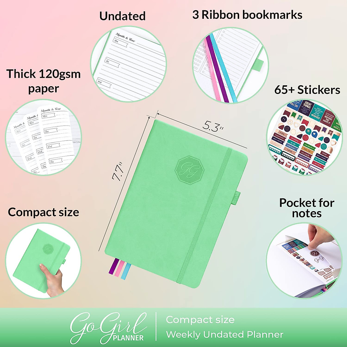 GoGirl Planner and Organizer for Women – Compact Size Weekly Planner, Goals Journal & Agenda to Improve Time Management, Productivity & Live Happier. Undated – Start Anytime, Lasts 1 Year – Mint Green