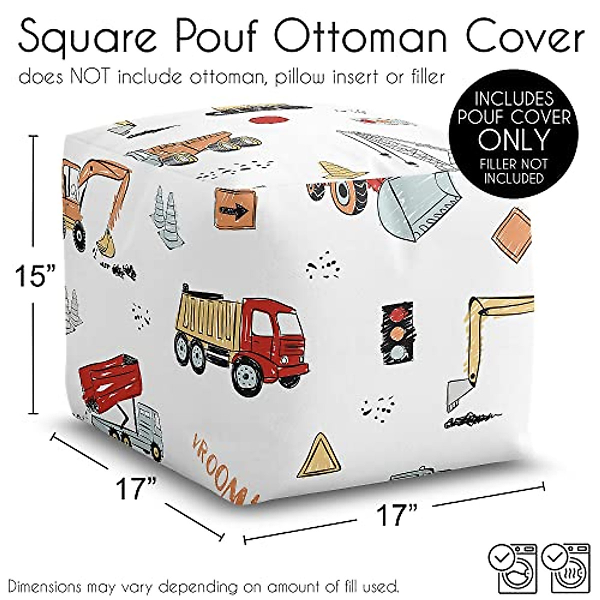 Sweet Jojo Designs Red Blue Construction Truck Boy Ottoman Pouf Cover Unstuffed Poof Floor Footstool Square Cube Pouffe Storage Baby Nursery Kids Room Transportation Tractor Grey Yellow Black White