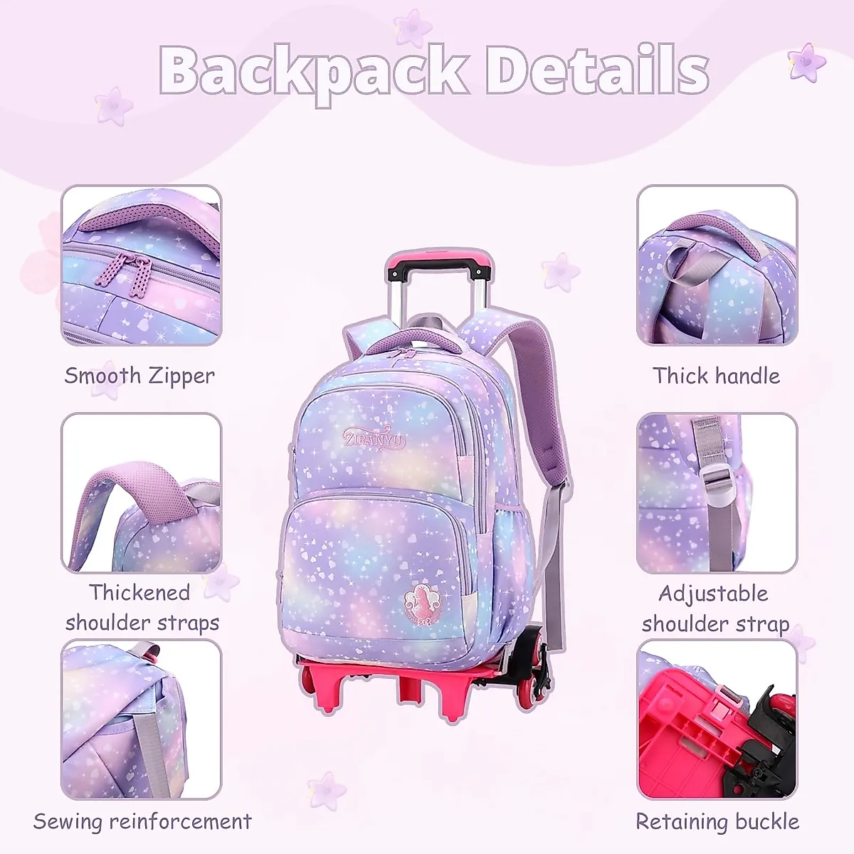 LANSHIYA Dream Princess Wind Rolling Backpack for Girls Wheeled Travel Bag Trolley School Bag Pink Six Wheels