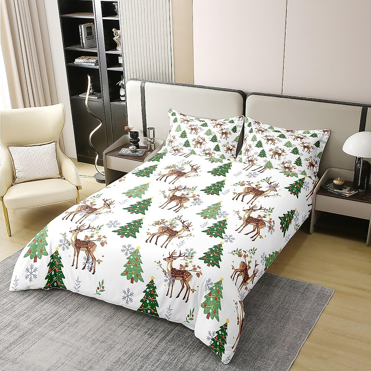Erosebridal Christmas 100% Cotton Duvet Cover Queen,Cartoon Xmas Deer Bedding for Kids Boys Girls,Snowflake Bells Elk Antlers Comforter Cover Bedroom Decor,Jungle Animal Bed Sets with 2 Pillowcases