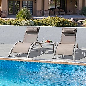 Domi Pool Lounge Chairs Set of 3,Aluminum Adjustable Outdoor Chaise Lounge with Side Table,All Weather Poolside Chairs for Deck Lawn Poolside, Textilene (Khaki)