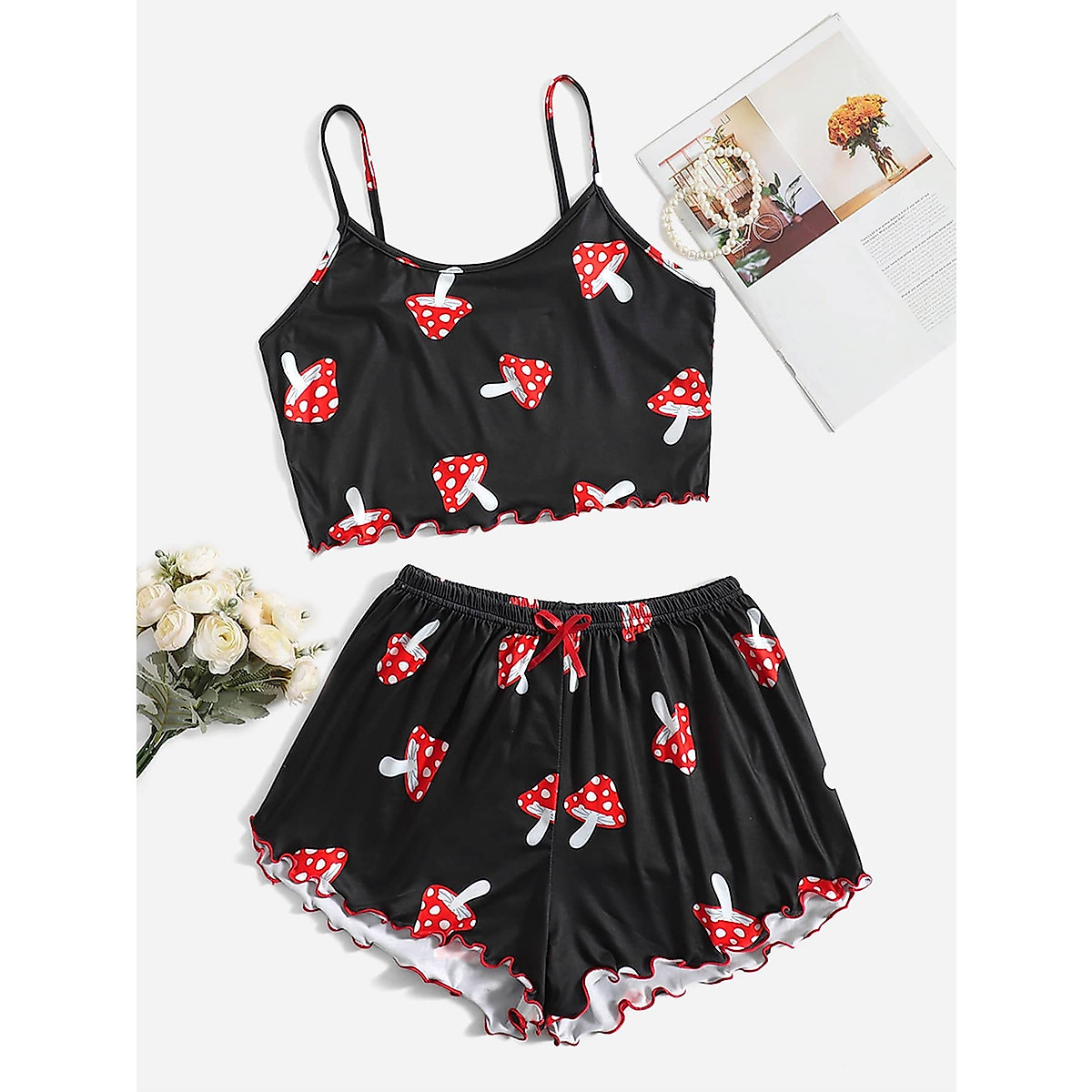 COZYEASE Women's 2 Piece Pajama Set Cartoon Print Lettuce Trim Cami Top and Shorts Cute Sleepwear Black M