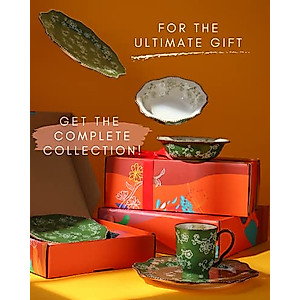 KUNABOO Artisanal Ceramic Soup Bowl, Dinner Bowls Ceramic, Dinner Bowls Set of 4-14 oz - Sakura Floral Series Pine Green - Ready to Wrap Gift