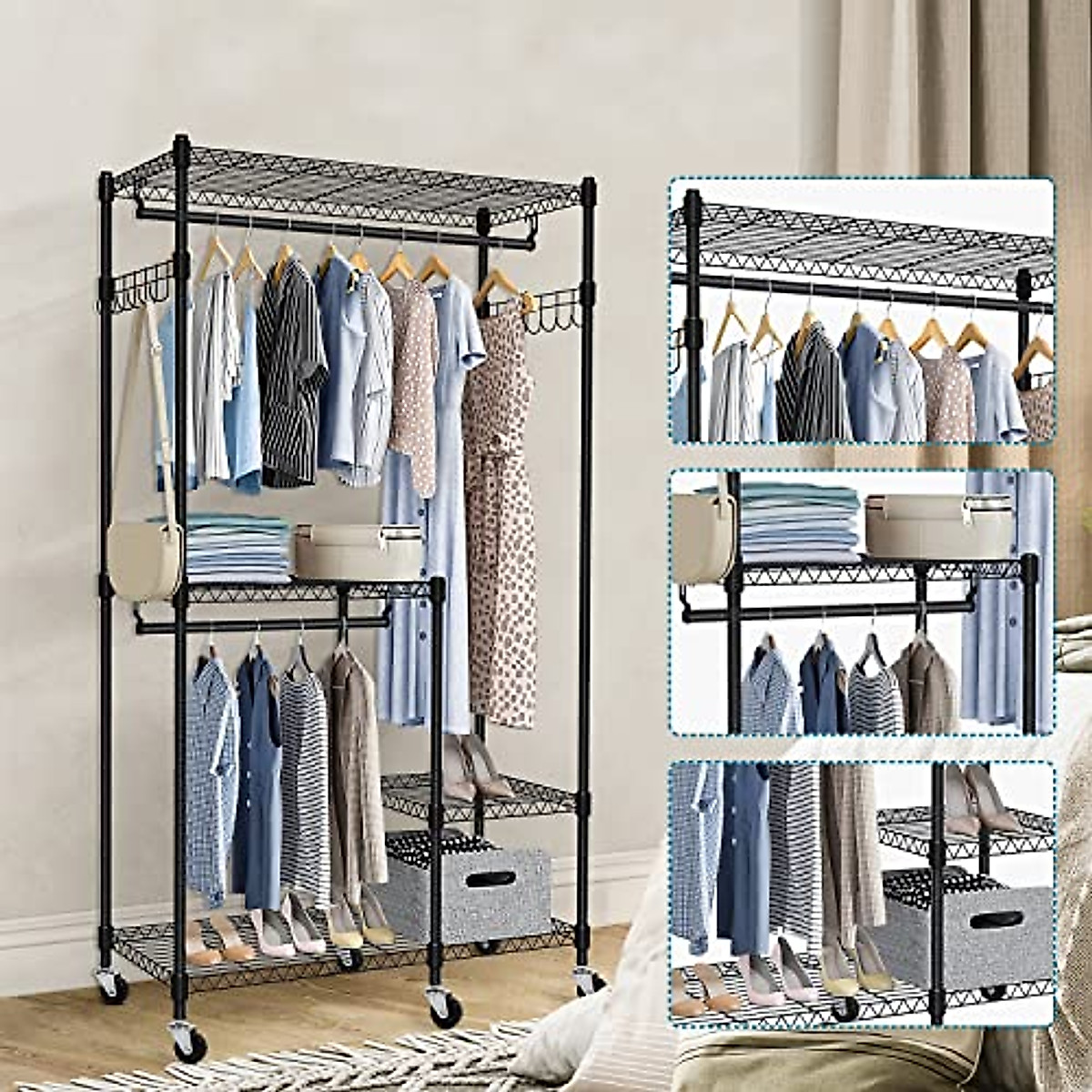 tonchean Rolling Wire Garment Rack Heavy Duty Clothes Rack for Hanging Clothes Freestanding Clothing Rack Closet Wardrobe Rack with Shelves and Wheels