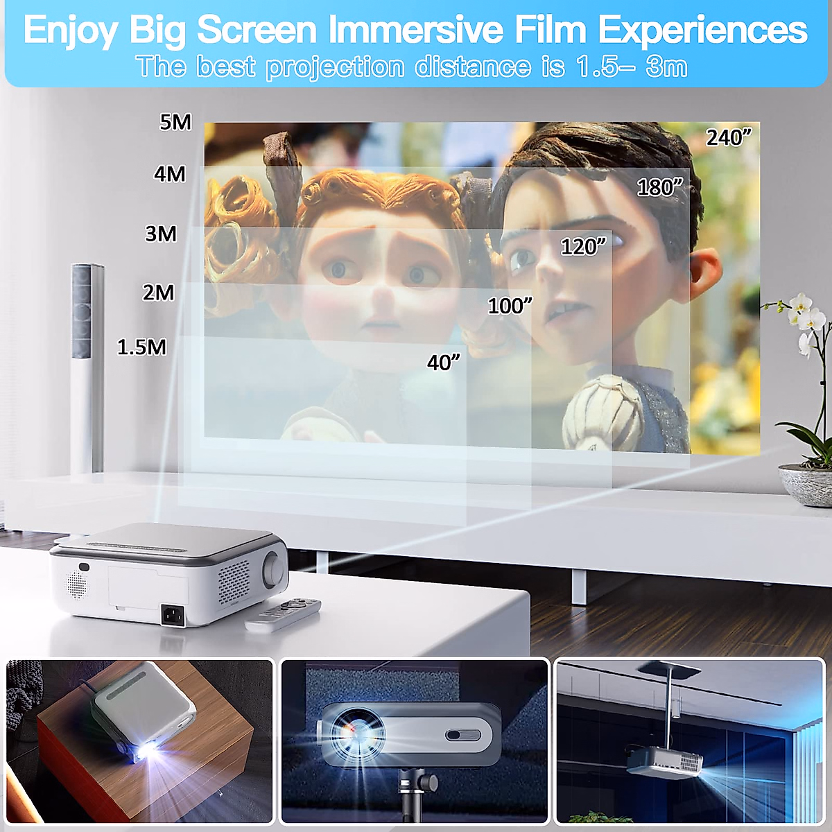 Smart Projector, Android 11.0 Native 1080P Portable WiFi and Bluetooth Projector, Outdoor 4K Projector Support Netflix & Prime Online Video & 8000+APPs, Auto Focus Home Theater Gaming Proyector