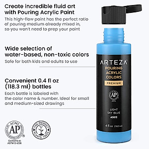 ARTEZA Acrylic Pouring Paint Set, 8 Pastel Colors, 4 oz Bottles, High-Flow Paint, No Mixing Needed, Art Supplies for Canvas, Glass, Paper, Wood, Tile, and Stones