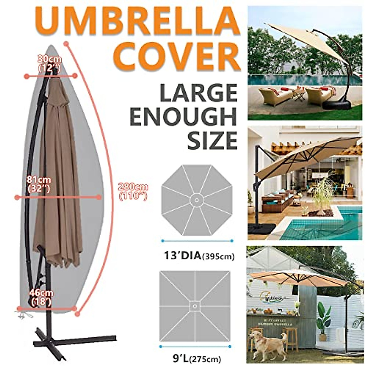 Offset Umbrella Cover, Patio Umbrella Cover for 9ft to 13ft Cantilever Parasol Outdoor Market Umbrellas Cover with Zipper and Water Resistant Fabric Dark