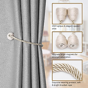 NICEEC 2 Pack Strong Magnetic Curtain Tiebacks Handmade Weave Side Rope Curtain Holdbacks Unique & Elegant Decorative Curtain Drape Tie Backs for Home & Office & Outdoor Window Drapery (Beige)