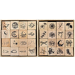 Hacaroa 32 Pieces Wooden Rubber Stamp Set, Moon Star Botanical Decorative Wood Stamps for Journal, Diary, Scrapbook, Planner, Letter, DIY Craft, Card Making
