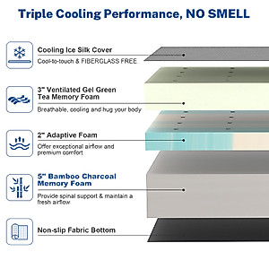 Memory Foam Mattress Queen Size 10 Inch, Premium Cooling Green Tea/Gel Mattress with Ice Silk Cover, Luxury Medium Firm Mattress for Back Pain, Fiberglass Free, Made in USA, CertiPUR-US, 80'' x 60''