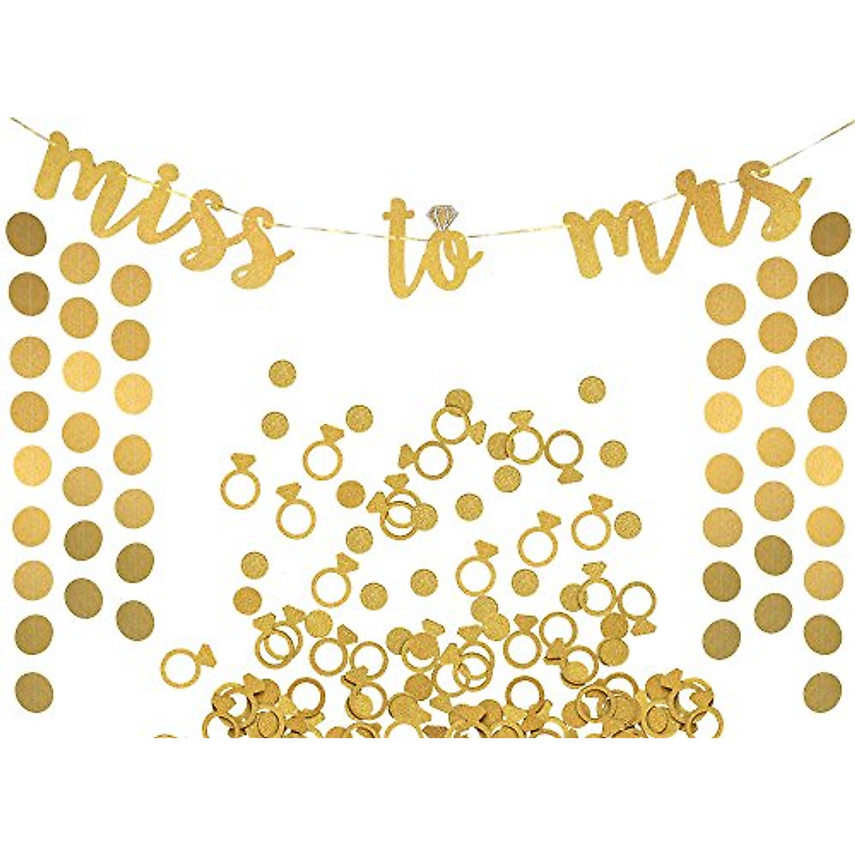 Miss to Mrs Banner, Garland & Confetti Set - Bachelorette, Engagement or Wedding Party Decorations - Sparkly Rose Gold Banner, Circle Garland & Super Fun Diamond Ring & Circle Confetti (Gold)