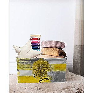 Yellow Dahlia Watercolor Plant Lines Cube Storage Organizer Bins with Handles,15x11x9.5 Inch Collapsible Canvas Cloth Fabric Basket,Abstract Modern Grey Yellow Oil Painting Art Books Toys Boxes