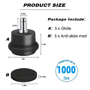 Bell Glides Replacement Office Chair or Stool Swivel Caster Wheels to Fixed Stationary Castors, Office Chair Wheels for Carpet - with Separate Self Adhesive Felt Pads/Chair Feet Wheel Stopper