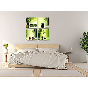 Pyradecor Modern 4 Panel Stretched Contemporary Zen Canvas Prints Perfect Bamboo Green Pictures on Canvas Wall Art for Home Office Decorations Living Room Bedroom