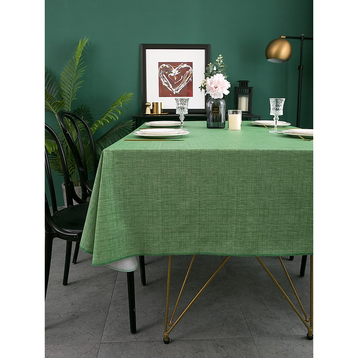 Pioggia Vinyl Tablecloth with Flannel Backing Rectangle Waterproof Oil-Proof Plastic Table Cloth Wipeable PVC Table Cover for Indoor and Outdoor (Dark Green, 60 x 84 Inch)