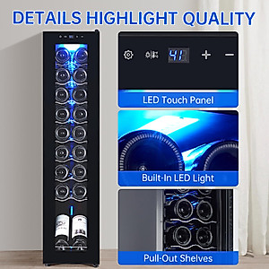 CuisinAid 1.84 Cu.Ft Wine Cooler Refrigerator, 18 Bottle Capacity Mini Wine Fridge With Adjustable Shelves, 40~64°F Digital Temperature Display, Wine Cellars With Led Light For Home, Office, Bar