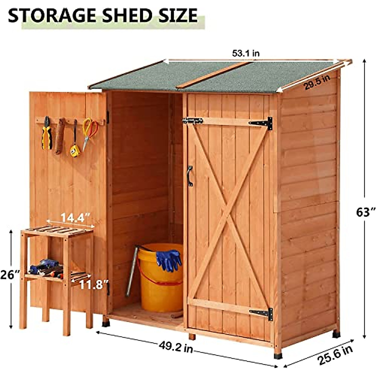 MELLCOM 63“ Wood Storage Shed, Outdoor Garden Shed with Wood Stool and Double Lockable Doors, Weather Resistant Tool Shed Organizer for Patio, Garden, Backyard, Lawn