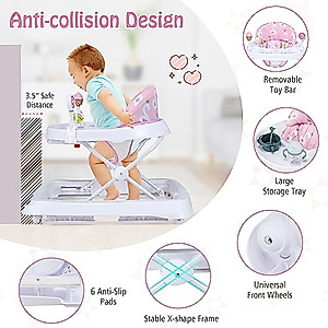 HONEY JOY Baby Walker, Foldable Toddler Walker with Toys, Learning-Seated or Walk-Behind for Boys and Girls, Adjustable Height, High Back Padded Seat, Infant Activity Walker with Wheels (Pink)