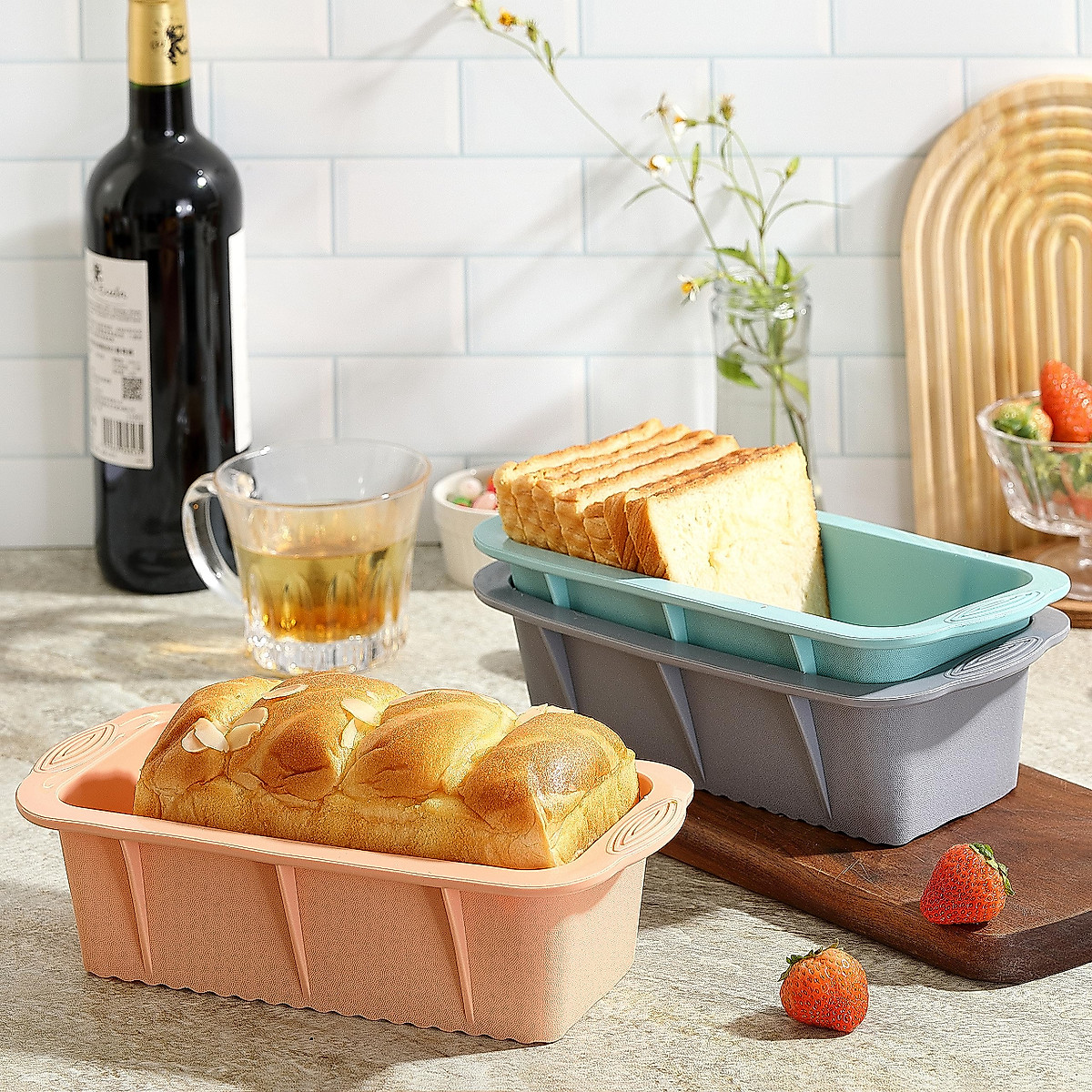 MONGSEW 3PCS Silicone Bread Loaf Pan, Non-Stick Bread Pans for Baking, Easy Release Loaf Pan, Great for Homemade Bread, Cakes, Brownies, Dishwasher Safe (3 Colors, Nesting Design)