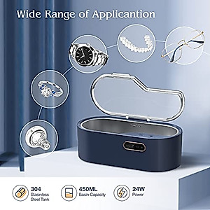 Aparatoo 450ml Jewelry Cleaner, Ultrasonic Cleaning Machine with 4 Time Modes, 45kHz Portable Professional Household Cleaner for All Eyeglasses Watches Shaver, Dark Blue
