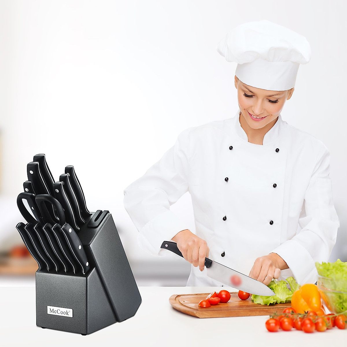 McCook MC39 14 Pieces Full Tang Triple Rivet Kitchen Knife Block Set with Built-in Sharpener and Kitchen Scissor, Black