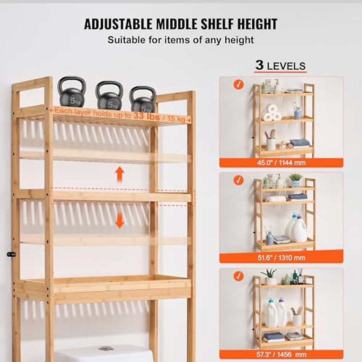 VEVOR Over The Toilet Storage, 3-Tier Adjustable Over Toilet Bathroom Organizer, Bamboo Storage Shelf Rack with 3 Hooks, Freestanding Easy Assembly Laundry Space Saver, Fit Most Toilets