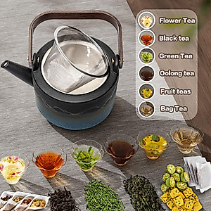 suyika Ceramic Teapot with Bamboo handle Removable Infuser for Flower and Loose Tea, 750ml/25.3oz Black Cyan