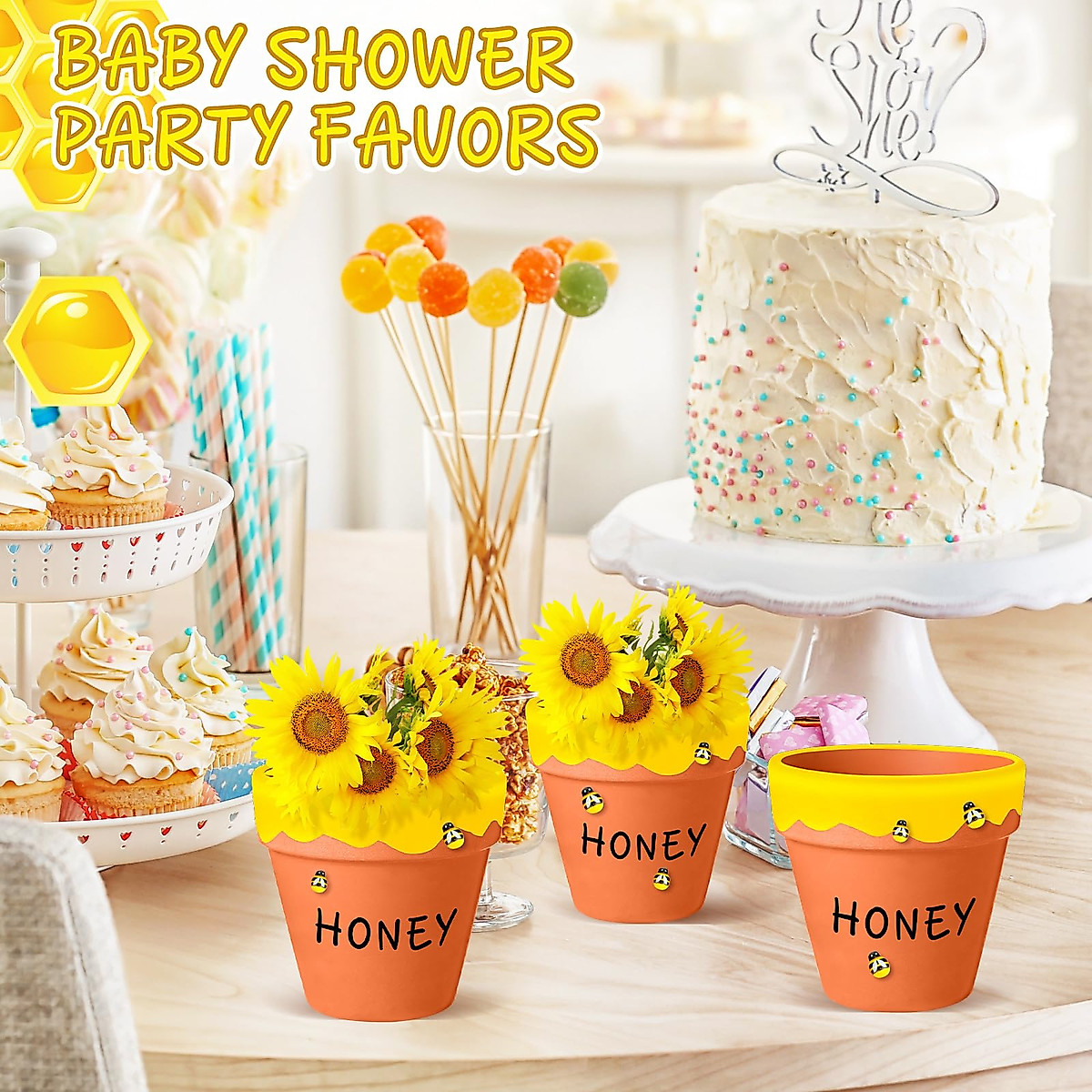 Lineshading 3 Pack 4 Inch Honey Bee Pots Bee Themed Honey Jars Red Clay Pots with Resin Bee Charms for Cute Honey Party Favor Baby Shower Birthday Decoration