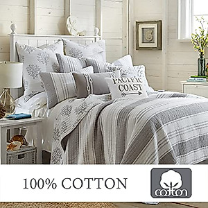 Levtex Home - Nantucket King Quit Set - Striped Coastal - Grey & White - Quilt Set Size 106x92in. and Two Shams 20x36in. - Reversible - Cotton Fabric