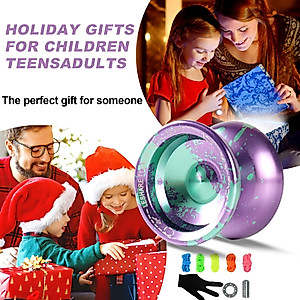 JOLESHARE Professional Unresponsive Yoyo for Pros and Responsive Yoyos for Kids Beginners, Package Includes Replaceable Responsive Bearings, yo-yo Gloves, and 5 yo-yo Cords(Purple Green)
