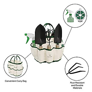 Garden Hand Tool Set with Canvas Tote, Ultimate Gardening Tools Kit, Branch Pruner & Snip, Shovel, Rake, Trowel, Soft Wire Tie and Water Bottle in a Durable Canvas Tote