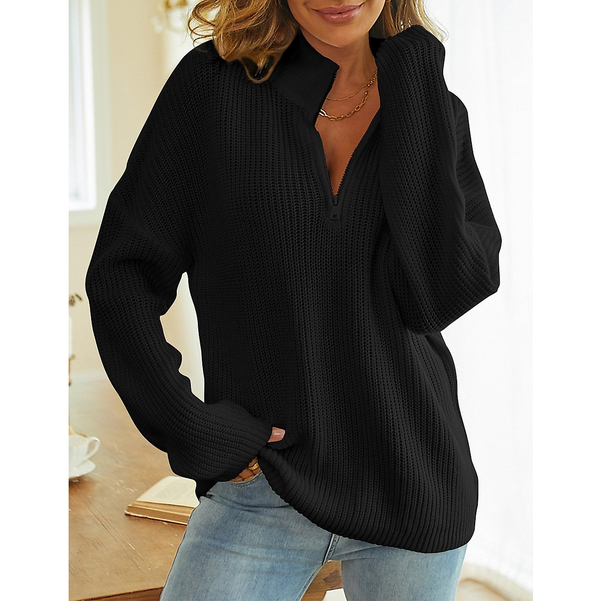 MEROKEETY Women's 2024 Long Sleeve Chunky Knit Sweaters 1/4 Zip Polo V Neck Casual Pullover Tops,Black,S
