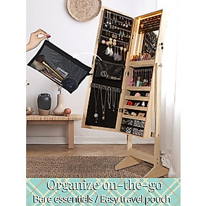 LUXFURNI 62.6" Standing Mirror with Storage, LED Light Mirror Jewelry Cabinet Armoire, Large Jewelry Storage Mirror, Lockable Jewelry Organizer Mirror, Natural