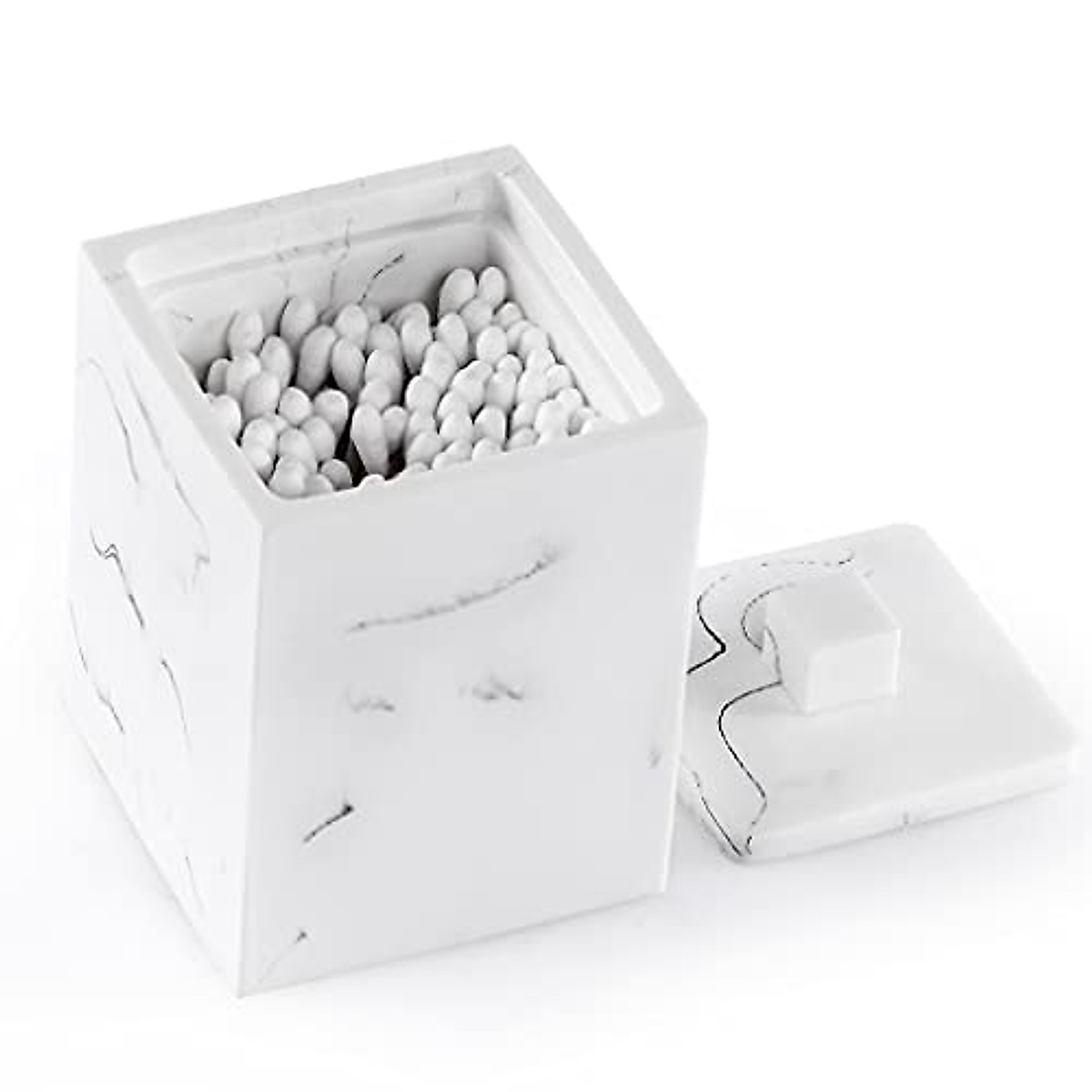 Sanbege 2 pcs Cotton Swab Holder with Lid, Resin Q-tips Container, Cotton Ball Canister for Vanity, Dresser Counter, Bathroom Sink Organizer (White Marble)