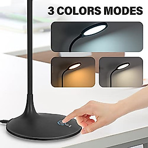 LED Desk Lamp for Home Office, Eye-Caring Table Lamp, 3 Color Modes with 10 Brightness Levels, Dimmable Lamp with Adapter, Touch-Sensitive Control, 360°Adjustable Gooseneck, 3500-5500K 10W. (Black)