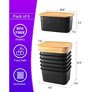 NEATJELAI Storage Bins With Lids 6 Packs Plastic Storage Containers With Bamboo Lids Stackable Storage Baskets for Organizing Desktop Closet Playroom Classroom Office,Black,10.8" L x 7.3" W x 5.1" H