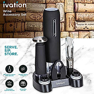 Ivation Wine Gift Set, Includes Electric Wine Bottle Opener, Wine Aerator, Vacuum Wine Preserver, 2 Bottle Stoppers, Foil Cutter & Charging Base