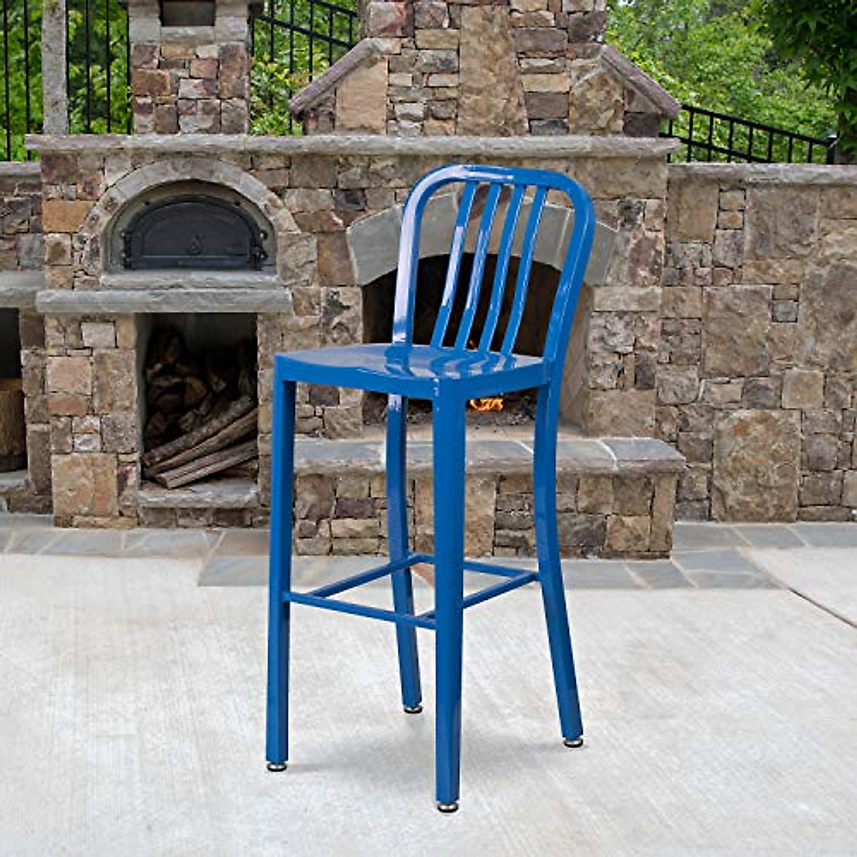 Flash Furniture Commercial Grade 30" High Blue Metal Indoor-Outdoor Barstool with Vertical Slat Back