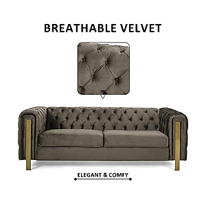 Olodumare Modern Velvet Chesterfield 3-Seater Sofa for Living Room, Luxury Contemporary Aristocratic Victorian Loveseat Couch with Gold Accents for Small Space, Elegant Button Tufted Furniture, Grey