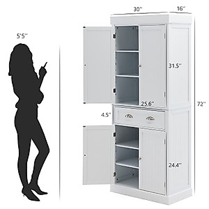 Squireewo 72" Freestanding Kitchen Pantry Storage Cabinet with Doors and Adjustable Shelves,Storage Cupboard with Large Drawer for Kitchen,Bathroom or Hallway,White
