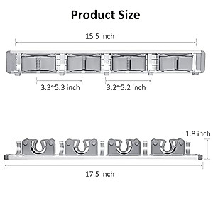 2 Pack Mop Broom Holder Wall Mount, Garden Tool Storage Organizer, Wall Hanger Hooks Rack for Home, Metal Aluminum Garage Laundry Room Organization and Storage, Silver (4 Slots&5 Hooks)