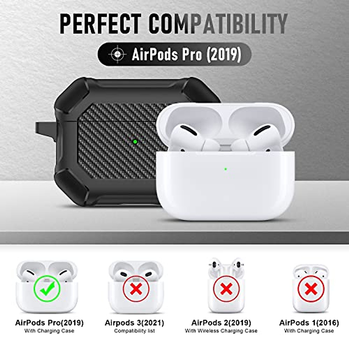 Maxjoy for AirPods Pro Case, Carbon Fiber Secure Lock Clip Full Body Shockproof Hard Shell Protective Case Cover with Keychain for Apple AirPod Pro (2019), Black