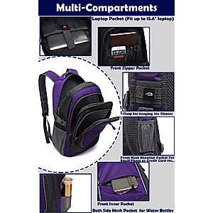 Backpack for School College Student Sturdy Bookbag Travel Business with USB Charging Port Laptop compartment Chest Straps Anti Theft Night Light Reflective (Purple)