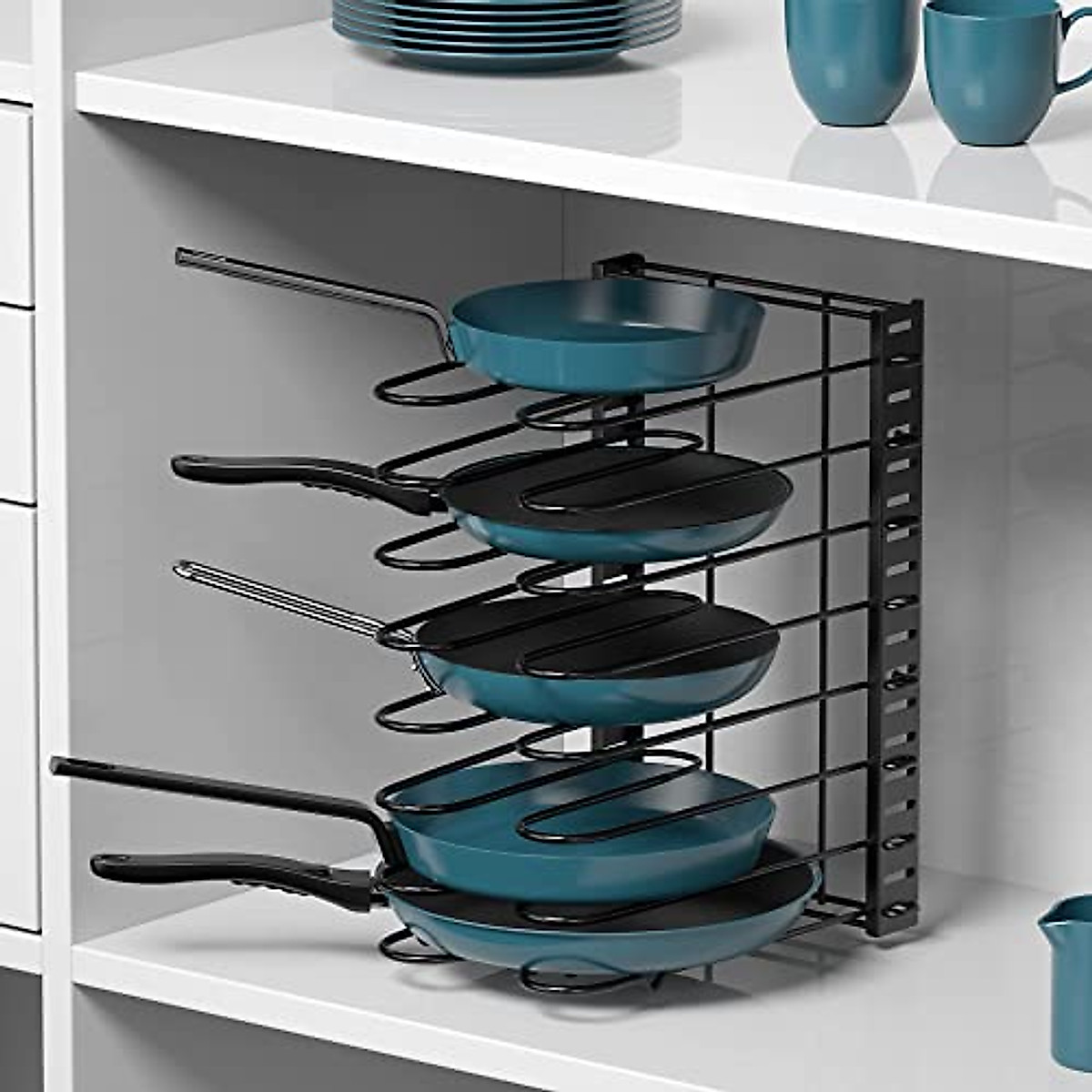 SOCONT Pot and Pan Organizer for Cabinet, Adjustable 8 Tiers Pans Pots Lid Organizer Rack Holder with 3 DIY Methods, Hanger Stacker Organizer Stand for Kitchen Counter and Cabinet