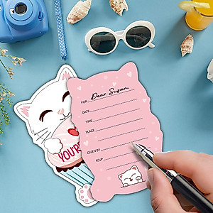 RZHV 15 Pack White Cat and Meow Cupcake Shaped Fill-In Invitations Cards With Envelopes for Boys & Girls Adults, Funny Baby Shower Birthday Party Bridal Shower Wedding Party Invite, Party Supplies