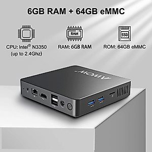 AWOW Mini PC Windows 10 PRO, Intel 4 Cores Celeron N3350 (Max 2.4 GHz), Small Desktop PC 6GB DDR4 RAM 64GB SSD, Mini Computer Support 4K Dual HDMI, WiFi5 Bluetooth 4.2, Gigabit Ethernet, 2*USB